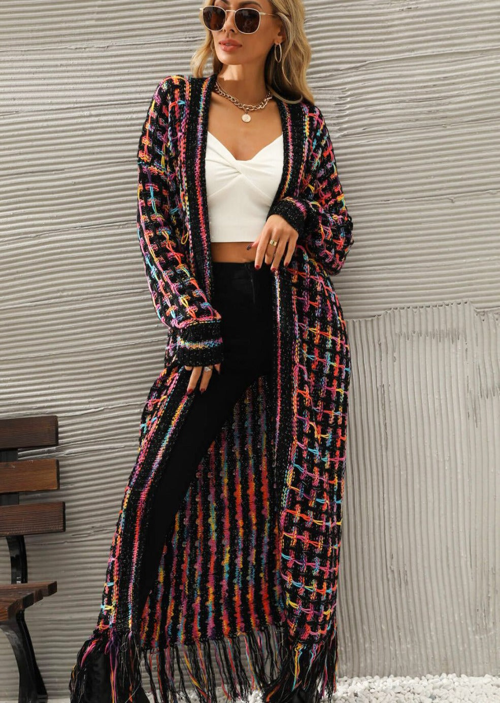 Damen Strickjacke Lang Cardigan Boho Stil Fransen Design – Crystalli