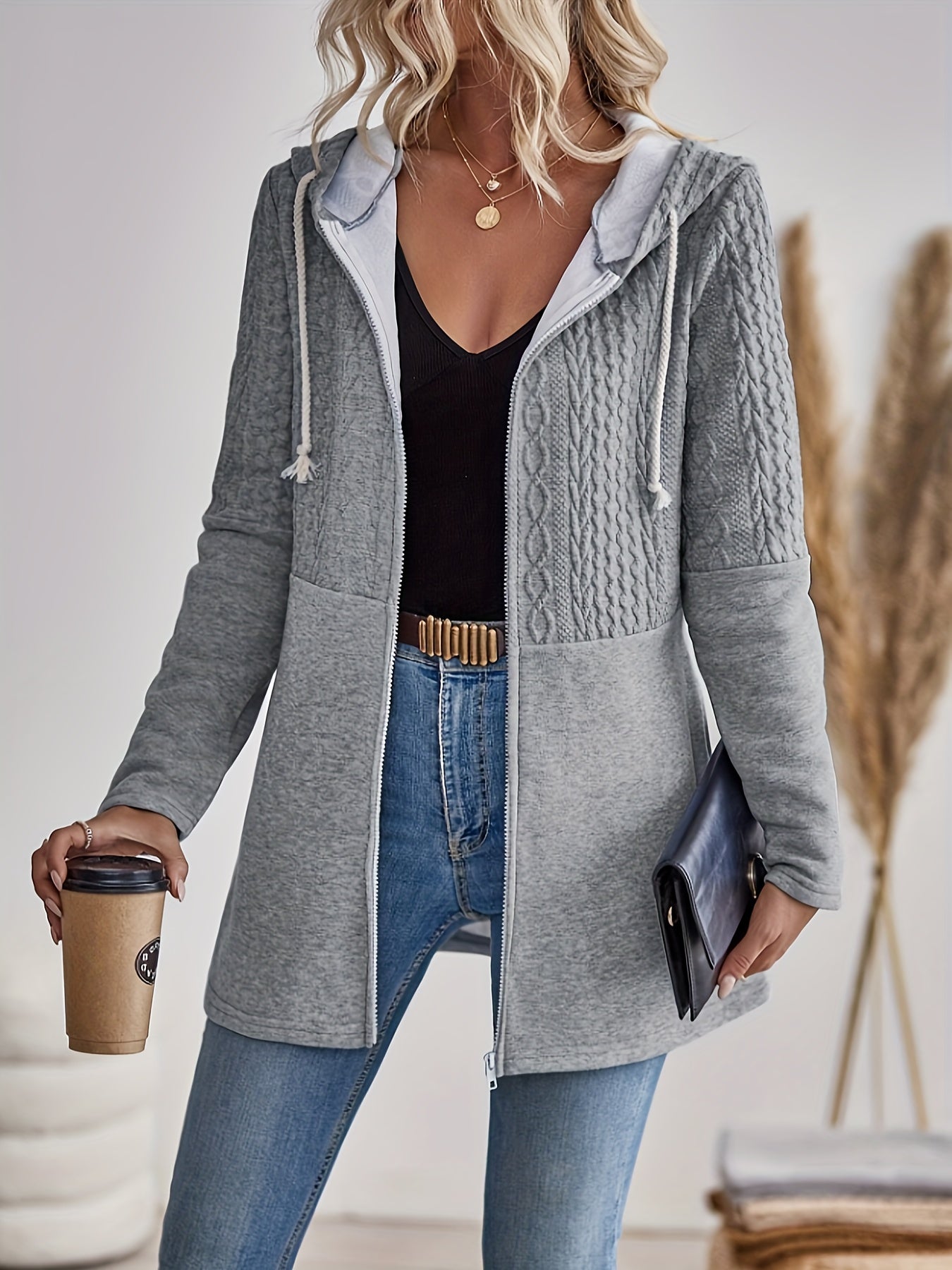 Damen Kapuzenpullover Strickmuster Langarm Casual Hoodie – Crystalli